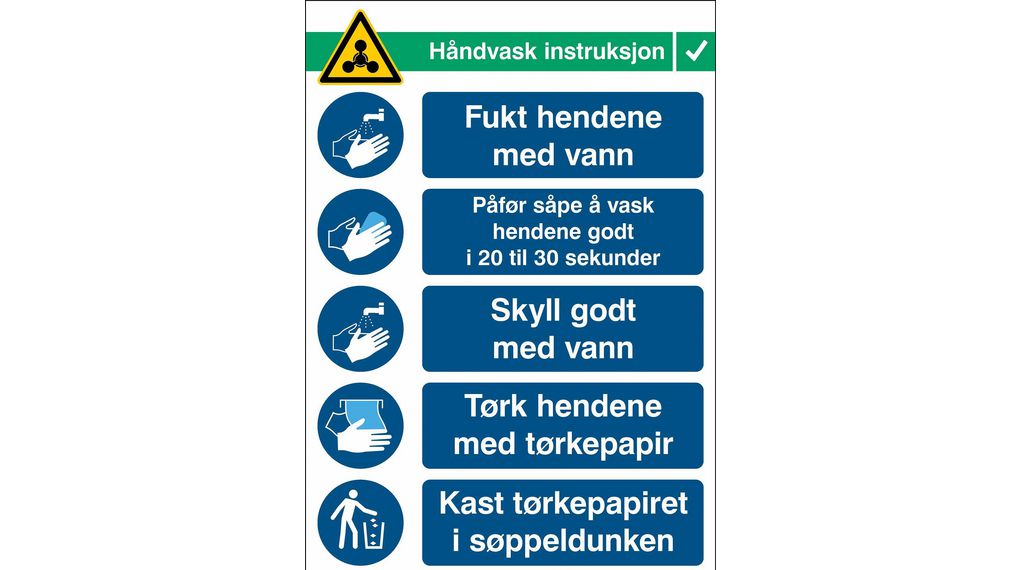 306853 | Brady Instruksjoner for håndvask, Sikkerhetsinstruksjon, Norsk ...