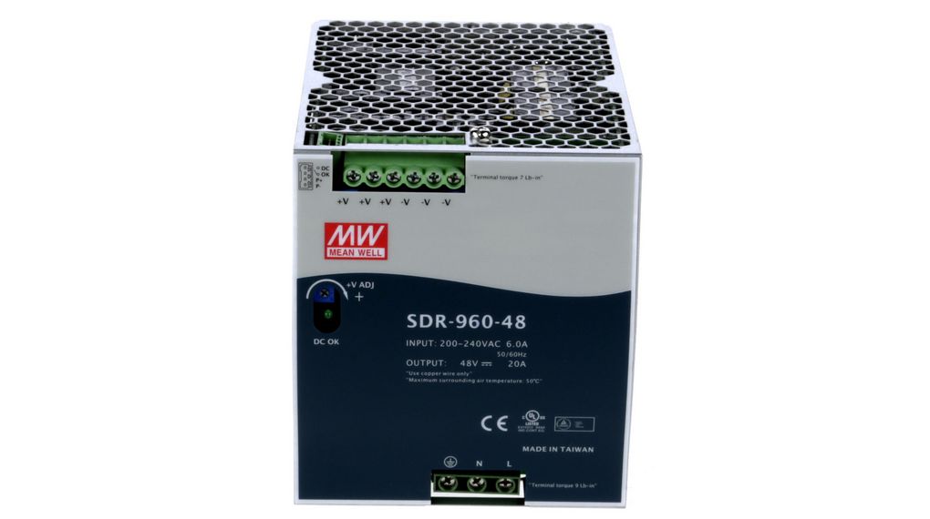 SDR-960-48 | MEAN WELL Nätaggregat för DIN-skenemontage, 94%, 48V, 20A ...
