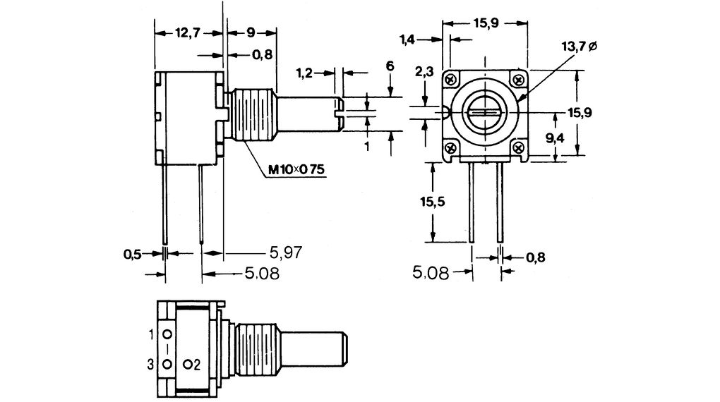 93R1A-R22-A13L | Bourns Rotary Potentiometer 5kOhm 2W ±10 % Linear ...